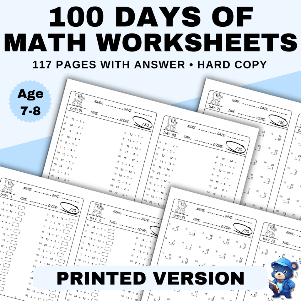 100 Days of Mathematics Worksheets for Kids Aged 7-8 | Hardcopy ...