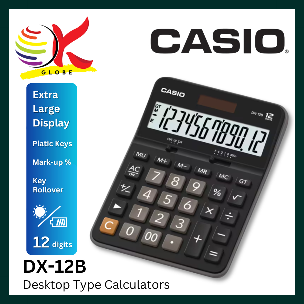 CASIO DX-12B DESKTOP TYPE PRACTICAL CALCULATOR WITH 12 DIGITS, EXTRA LARGE DISPLAY, SOLAR ...