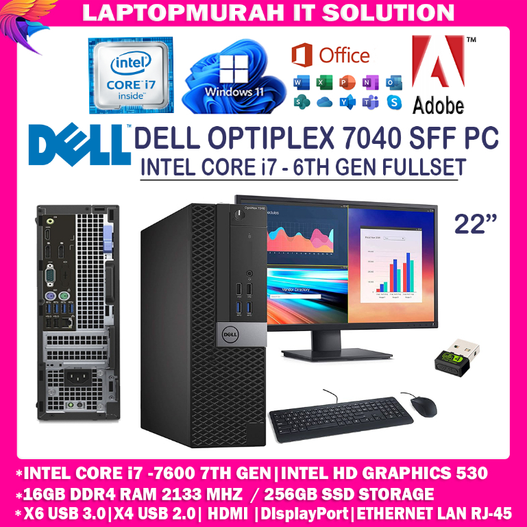 DELL OPTIPLEX 7040 SFF DESKTOP PC - INTEL CORE I7- 6TH GEN / 16G DDR4 RAM / 256GB SSD STORAGE ...