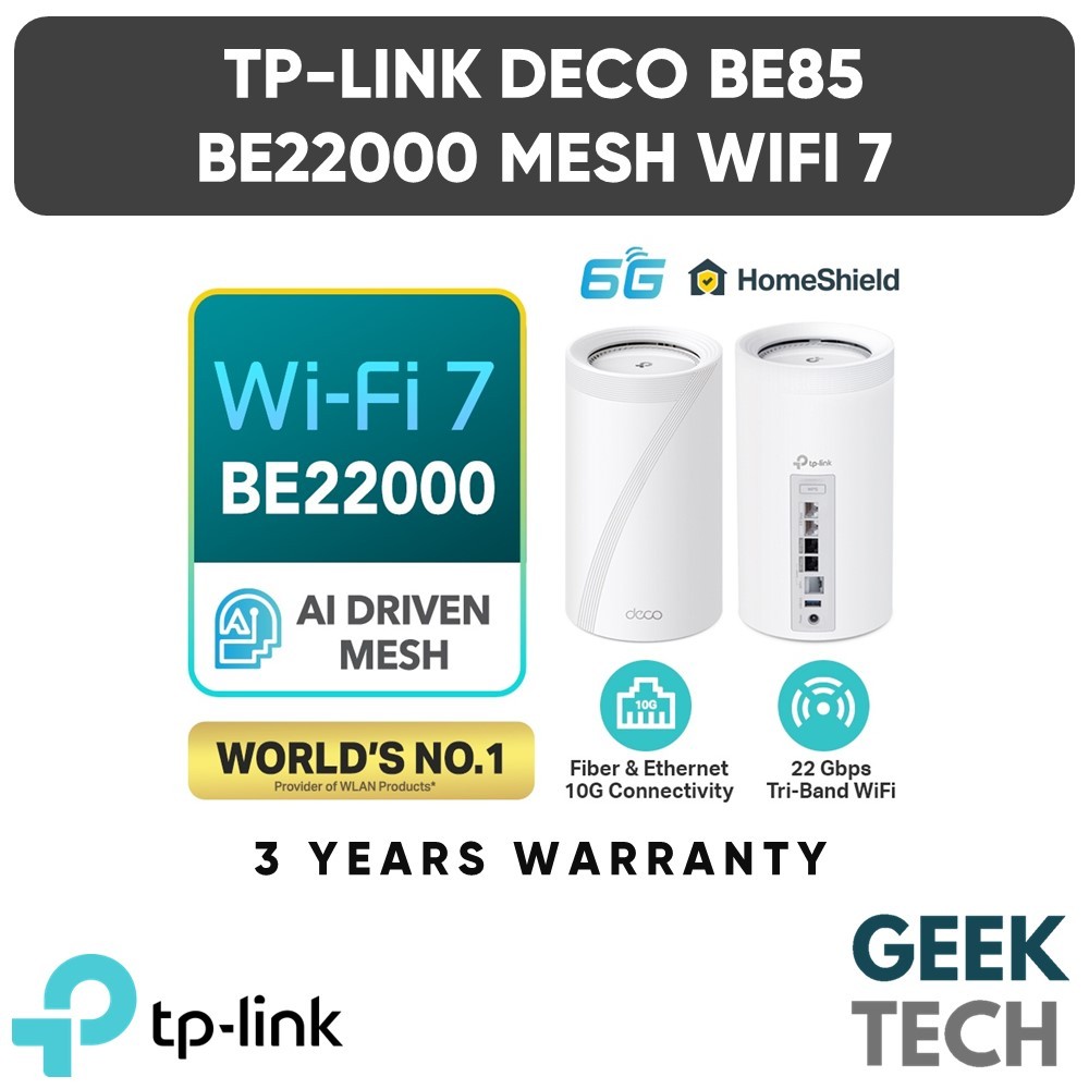 TP-Link Deco BE85 BE22000 WiFi 7 Tri-Band Whole Home AI-Driven Mesh ...