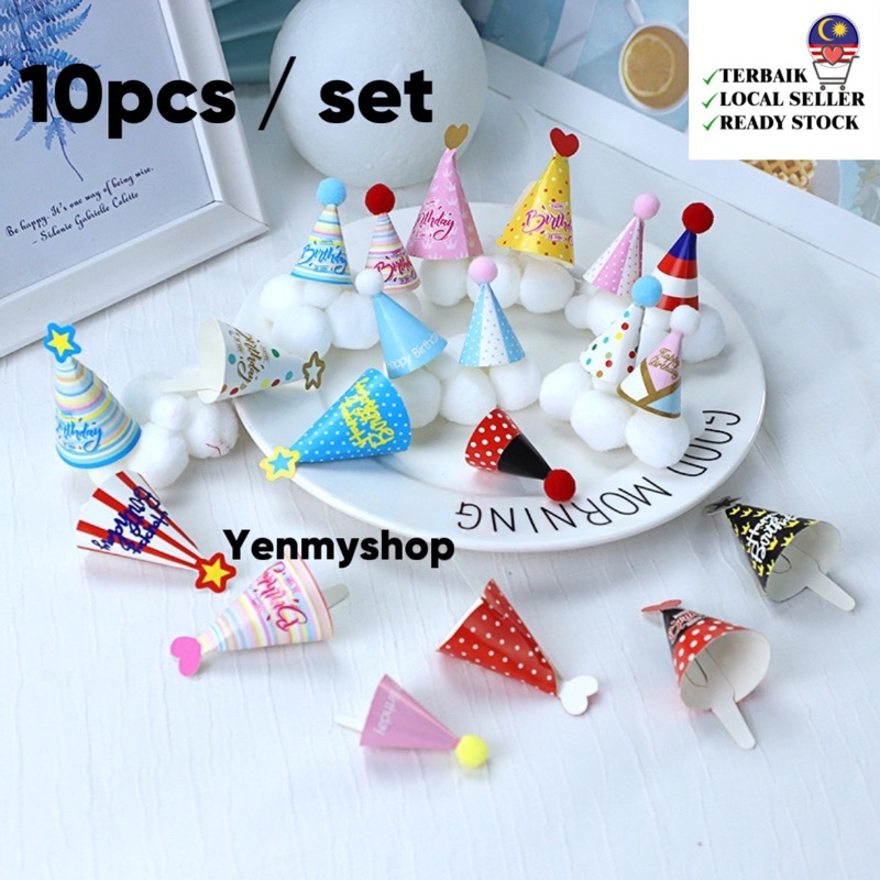 (10Pcs/Set) Kek Birthday Mini Party Hat Cake Topper Happy Birthday Cake ...