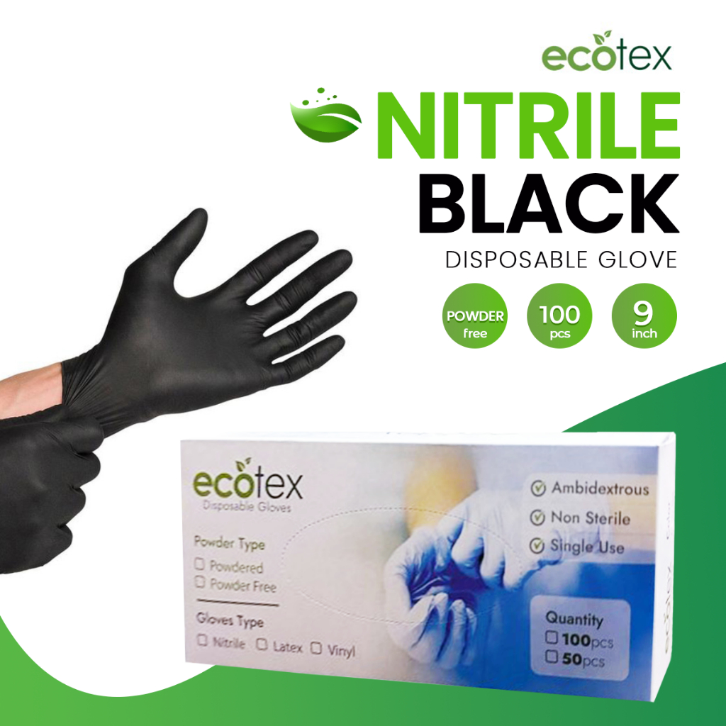 ECOTEX Black Nitrile Disposable Glove Powder Free Glove Hitam 3.5g (XS ...