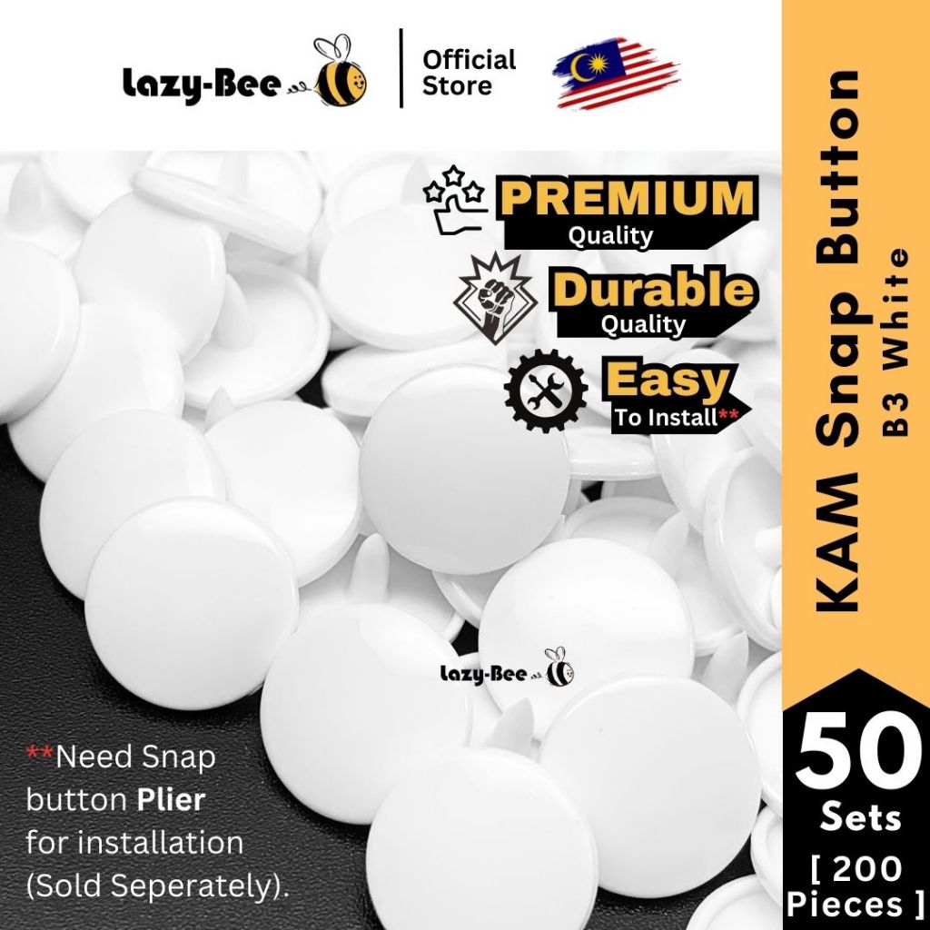 LAZY BEE B03 WHITE 50 Sets 200 pieces T3 T5 T8 KAM Snap Button Plastic ...
