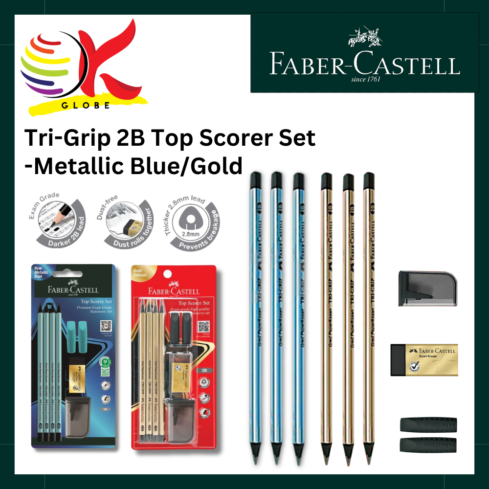FABER CASTELL TRI-GRIP 2B TOP SCORER SET PENCIL LIMITED EDITION BLACKWOOD GOLD MET BLUE EXAM ...