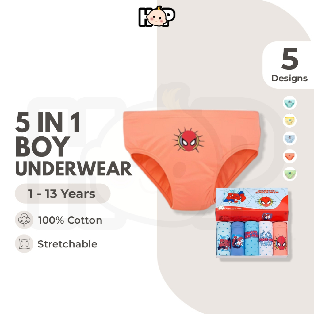 Kids 100% Cotton Underwear for Boys Fashion 5-pieces per box Kids Boxer ...