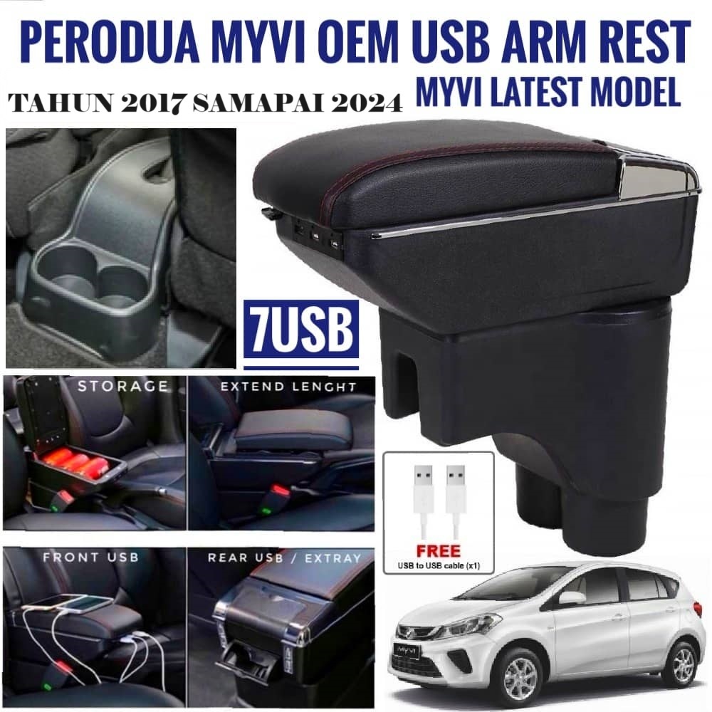 Perodua Myvi Arm Rest Car Armrest USB Console Organizer Storage Box Cup ...