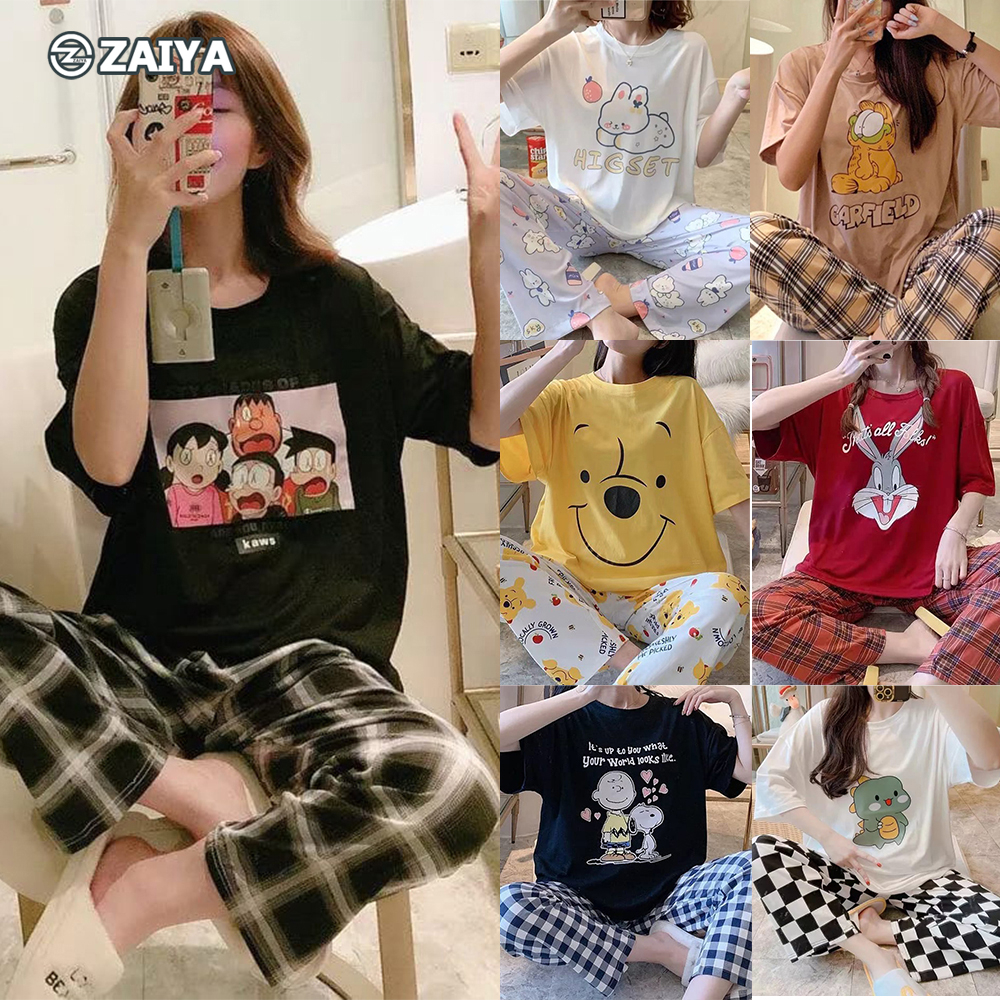 KOHANA Baju tidur perempuan Short Sleeve Long Pants Wanita set ...