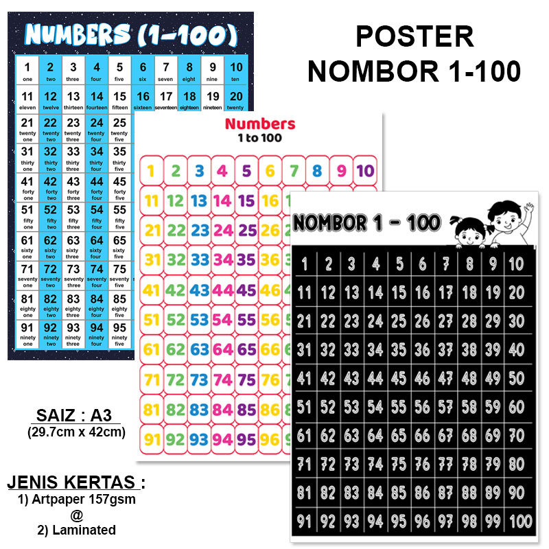 (A3 SIZE) POSTER NOMBOR 1-100 NUMBERS CHART | Shopee Singapore