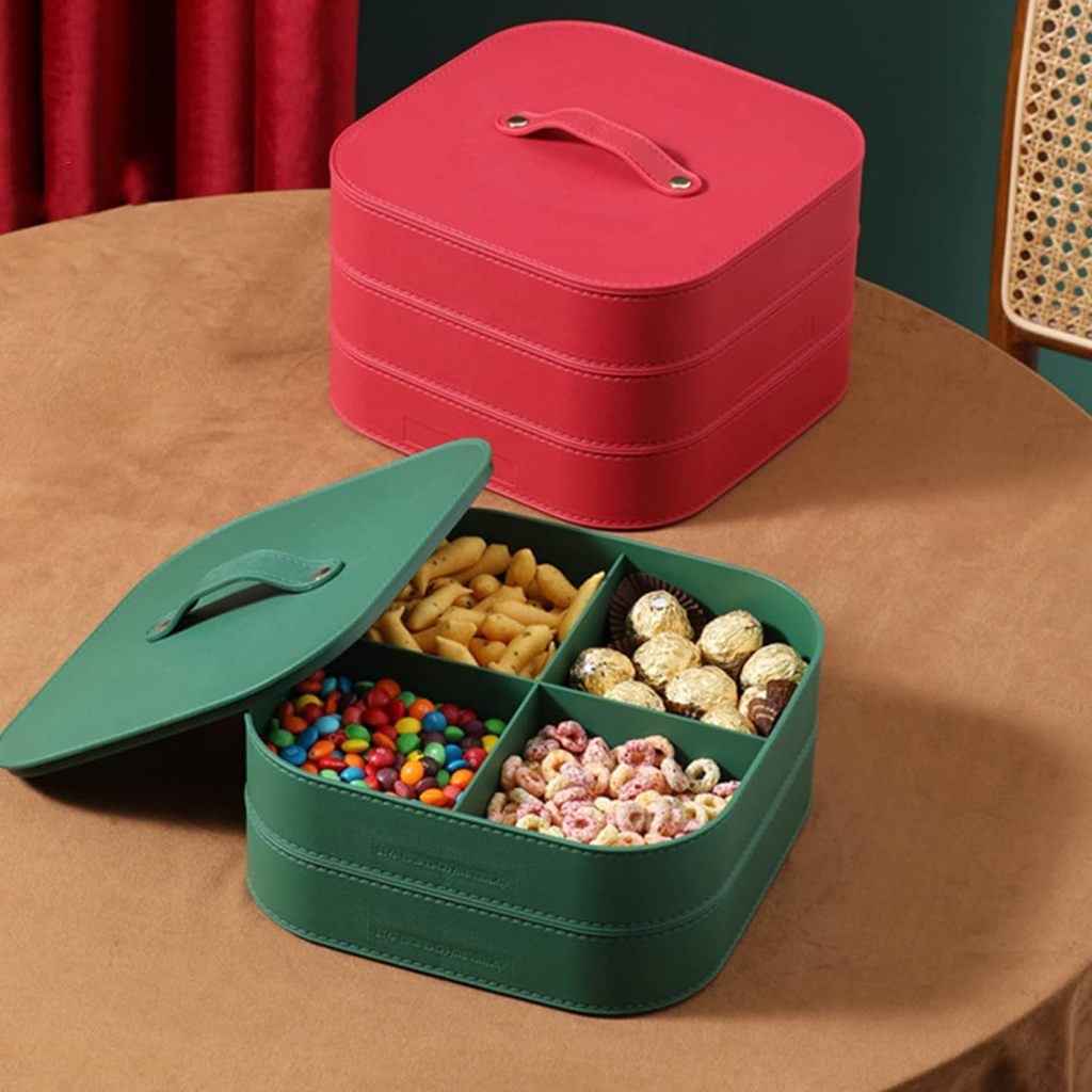 Snack Storage Box with lid Faux Leather Snack Box Candy Dish with 4 ...