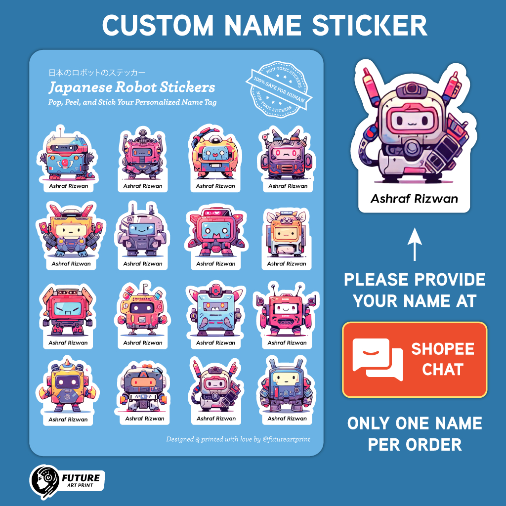 Custom Personalized Name Tag Cute Sticker. Japanese Robot Stickers ...