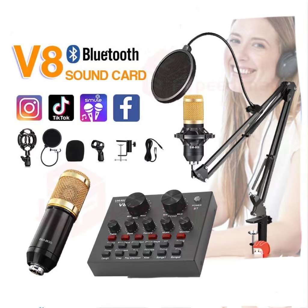 V8 BM800 Condenser Microphone Set with V8 Sound Card Audio Interface Mic for Singing Condenser ...