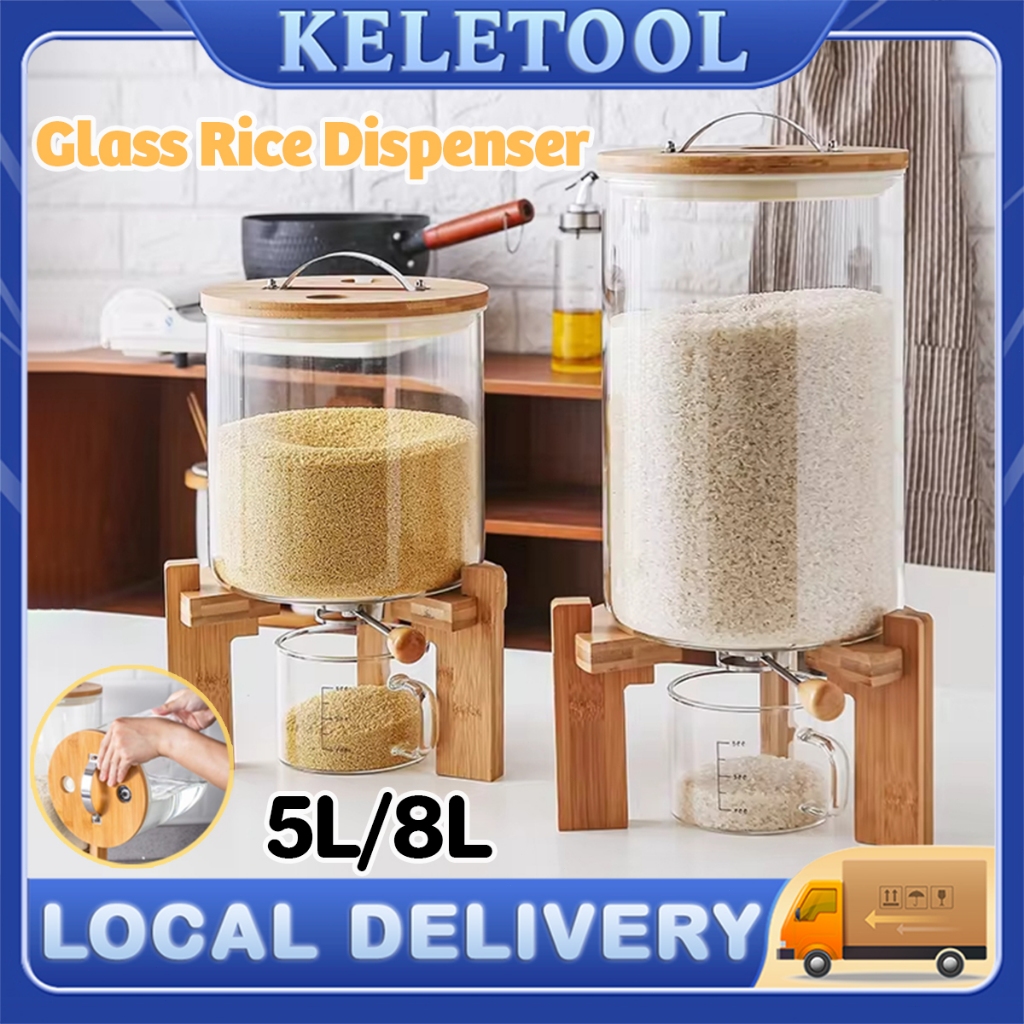 KAYU 5l/8l Glass Rice Jar Storage Dispenser Rice Container Canister ...