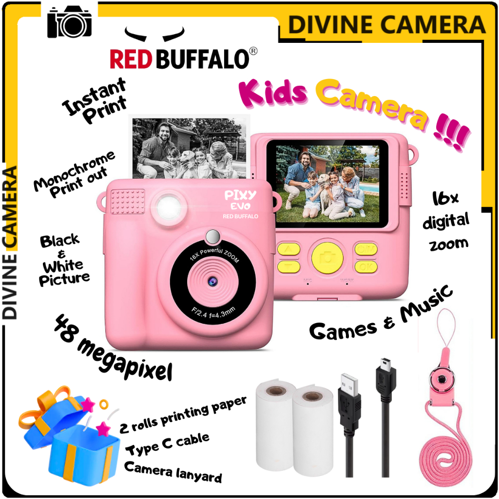 Red Buffalo PIXY EVO Instant Print Kids Camera ( Black & White Picture ...