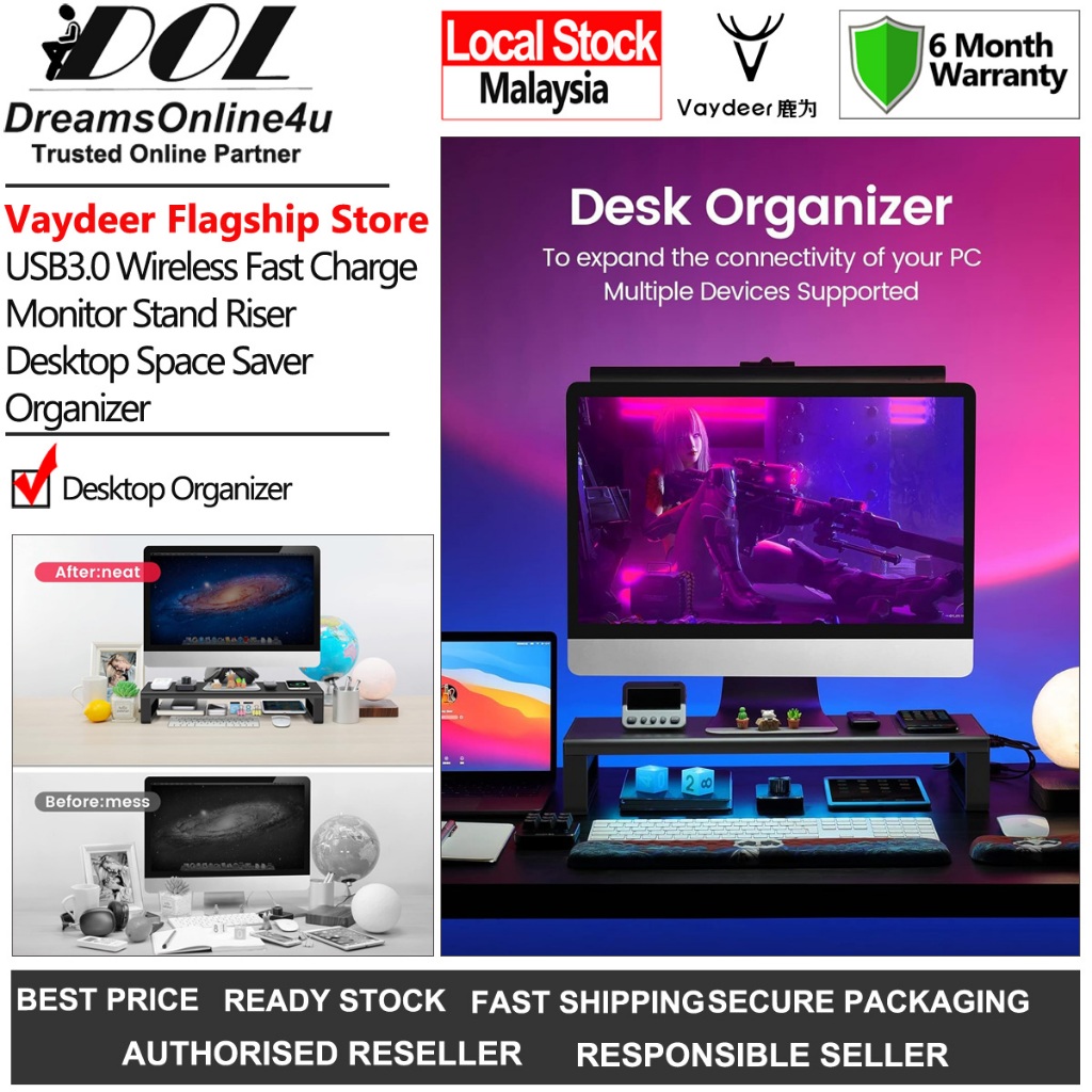 VAYDEER USB3.0 Hub Wireless Monitor Stand Riser Desktop Space Saver ...