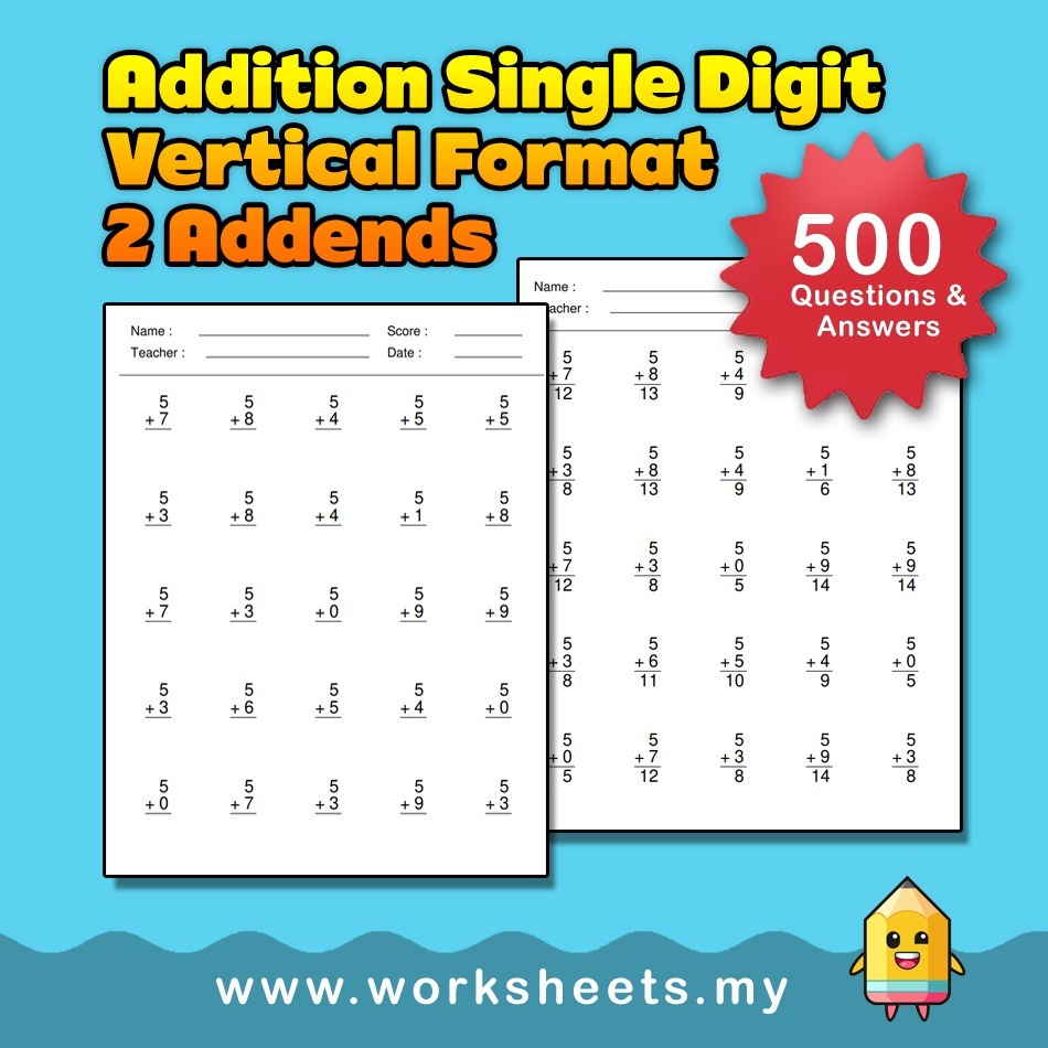 IGCSE Mathematics: Addition Worksheets Single Digit 500/1000 Q+A ...