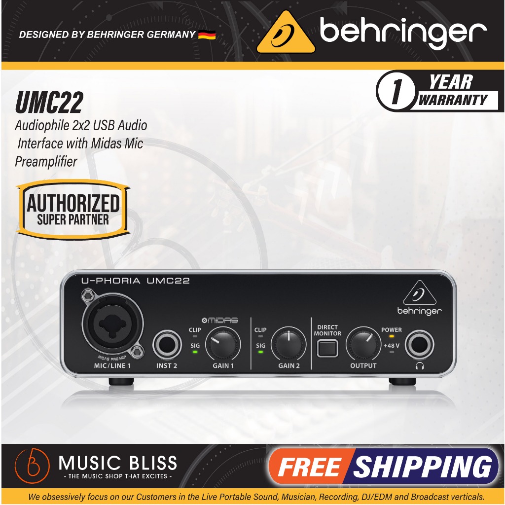 Behringer U-Phoria UMC22 Audiophile 2x2 USB Audio Interface with Midas ...