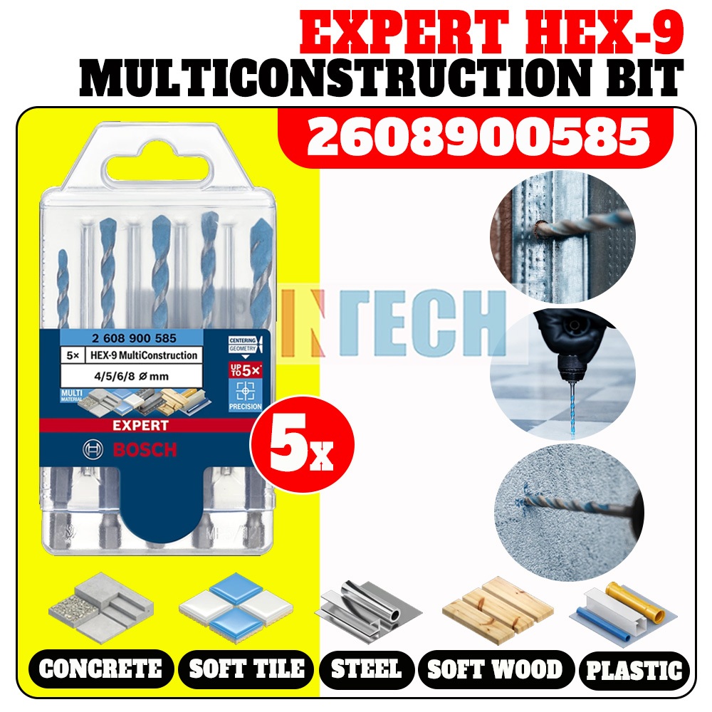 BOSCH 2608900585 HEX-9 MULTI CONSTRUCTION DRILL BIT SET 4/5/6/8 MM ...