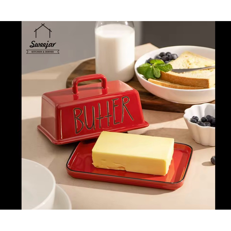 SWEEJAR Large Capacity Ceramic Butter Dish(RED ONLY) with Handle Lid ...