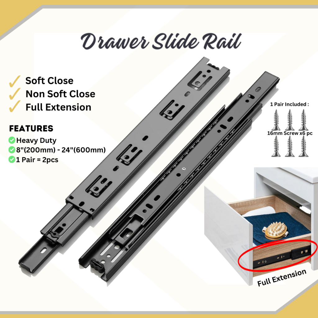 Drawer Slides Full Extensions Heavy Duty Ball Bearing Drawer Runner Side Mount Non/Soft Close ...