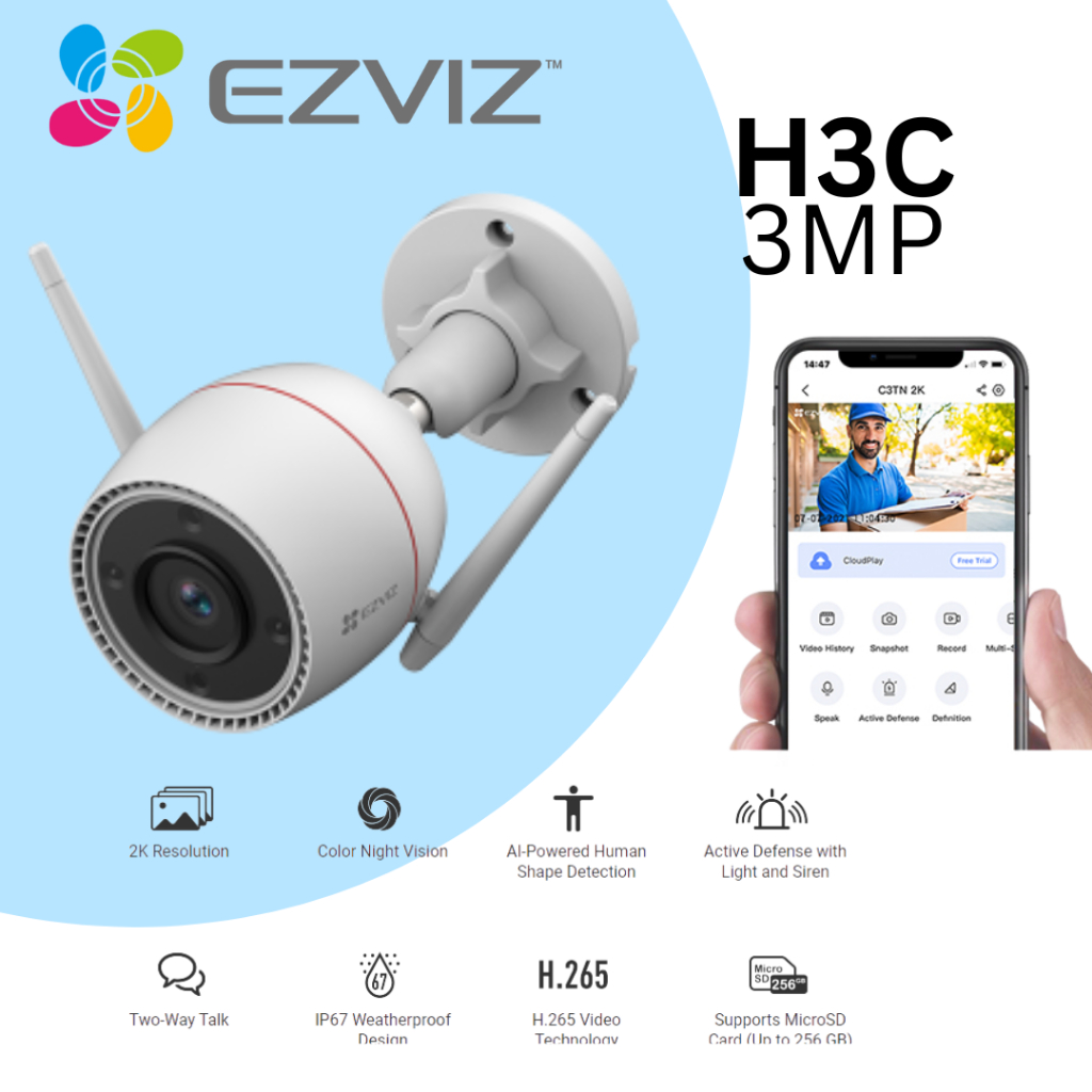 HIKVISION EZVIZ WIFI CCTV CAMERA H3C 3MP AI-Human Detection Color Night ...