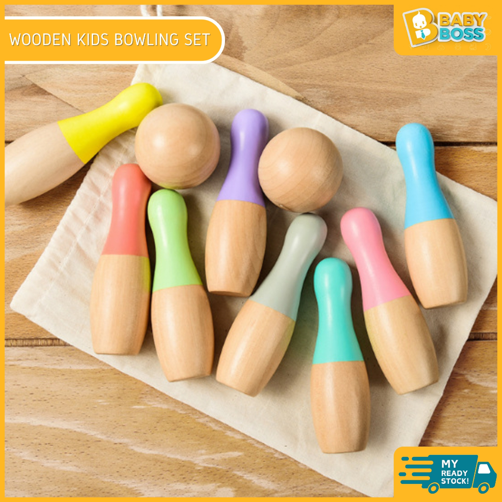 BabyBoss Wooden Kids Bowling Set with 10 Bowling Pin and 2 Bowling Ball ...