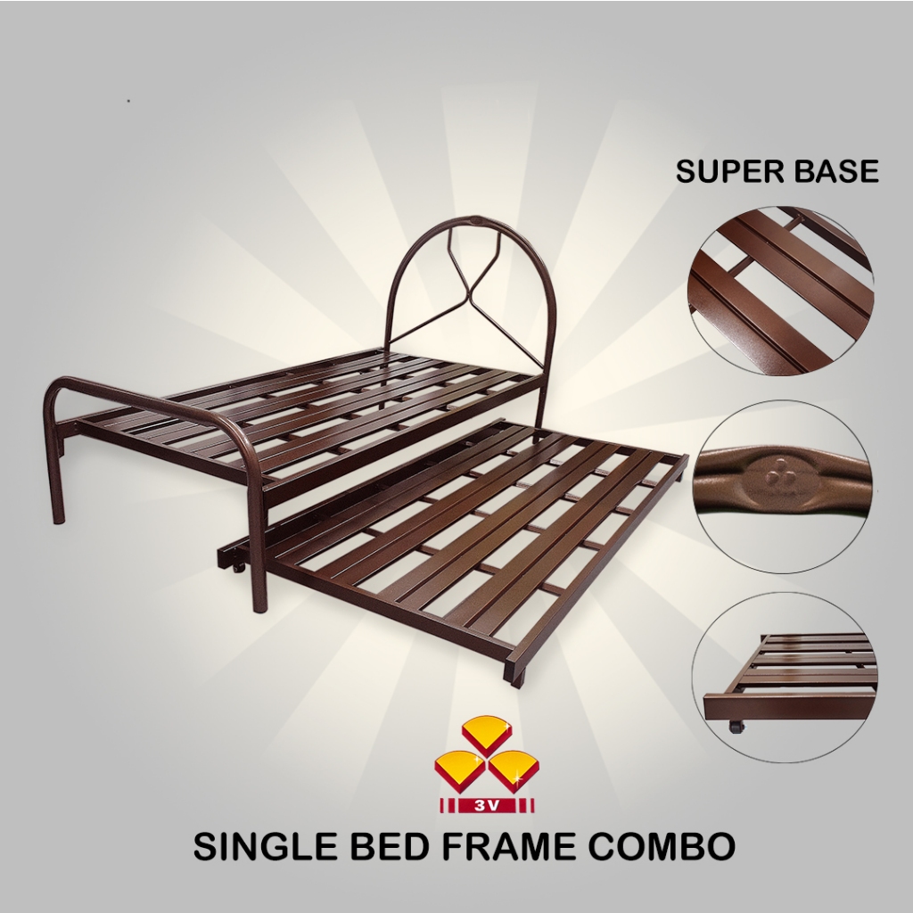 LaMoison 3V Single Size Metal Super Base Bed Frame With Pull Out Bed ...