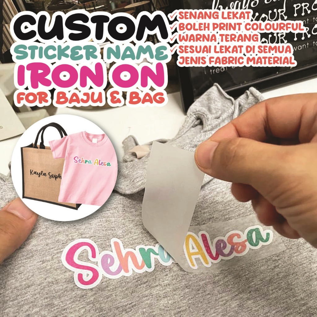 (CUSTOM) STIKER NAMA IRON ON & UV UNTUK BAJU, BEG, KASUT, BOTOL AIR ...