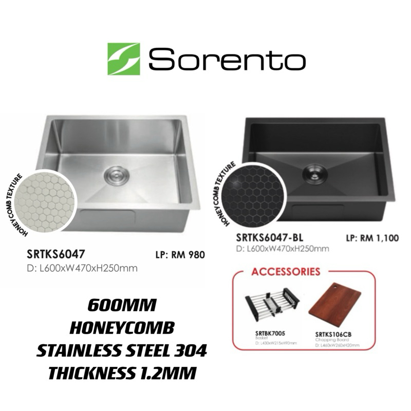 SORENTO HONEYCOMB KITCHEN SINK 600MM SRTKS6047 SS/BLACK | Shopee Singapore