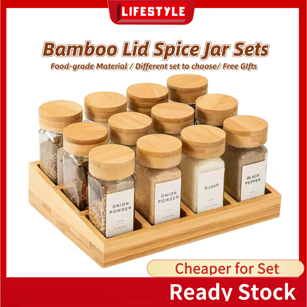 LIFESTYLE Bamboo Lid Glass Jar Set Airtight Spice Jar Storage Container ...