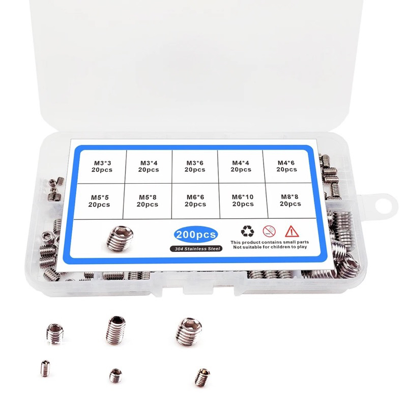 200Pcs Stainless Steel M3-M8 Screw Headless Hexagon Socket Machine ...
