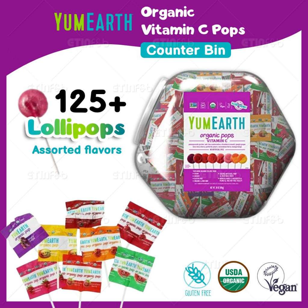 YUMEARTH Organic Pops Counter Bin Bulk Fruit Vitamin C Lollipops Candy ...