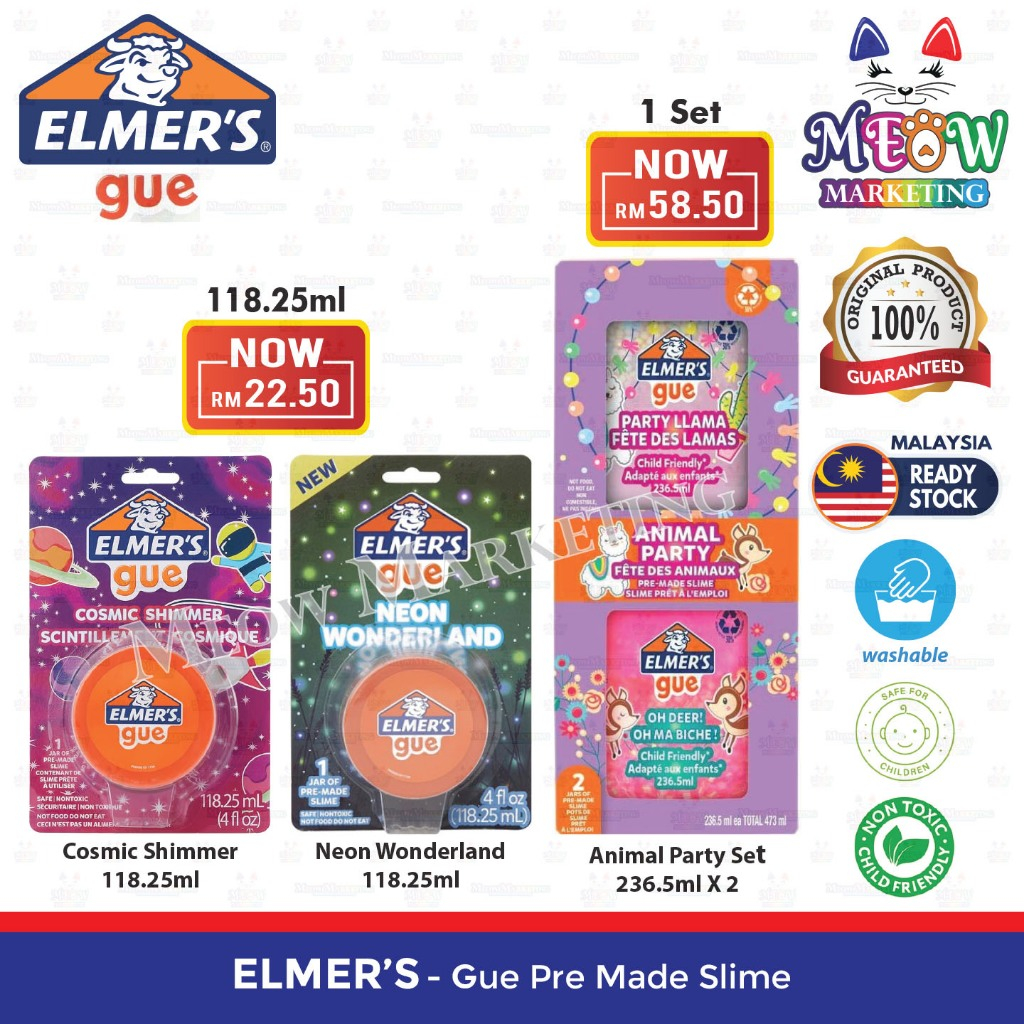 Elmer's Gue Pre Made Slime (Animal Party/Cosmic Shimmer/Neon Wonderland ...