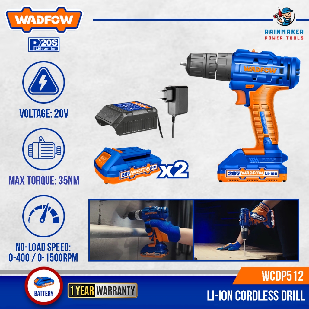 WADFOW Li-ion Cordless Drill + 2 pcs 1.5Ah Battery + Charger, Max ...
