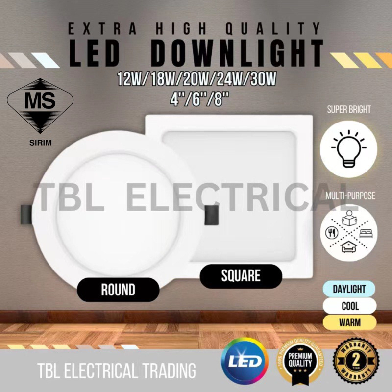 SIRIM LED Downlight Round Square 12W 20W 24W 4" 6'' 8" Lampu Siling ...