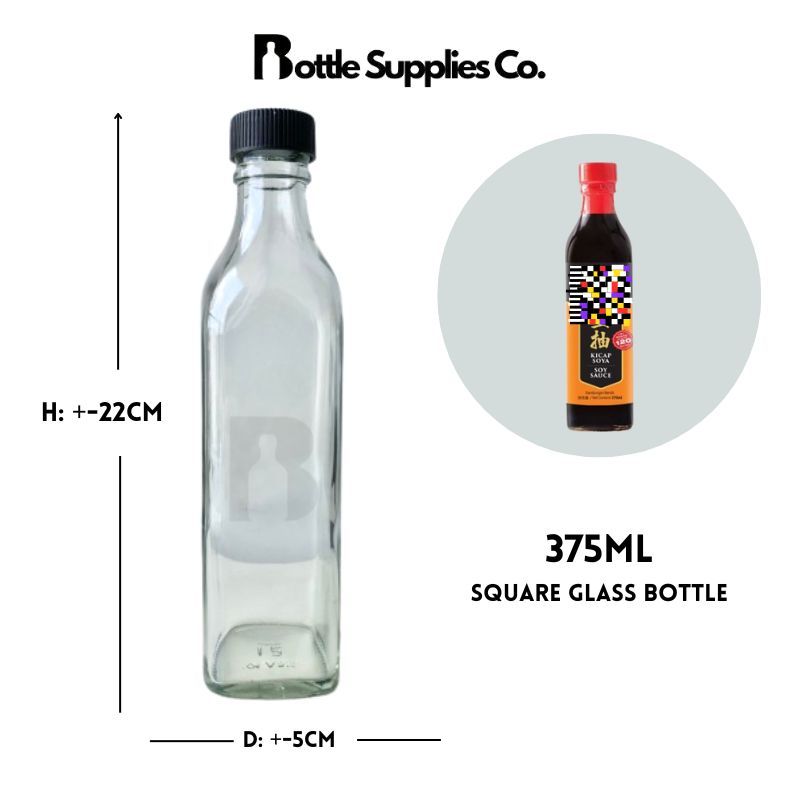 375ml Square Glass bottle with black screw cap for honey, juices and ...