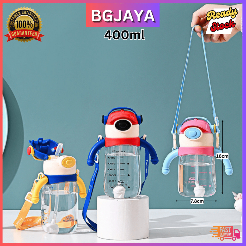 400ml Kids Water Bottle Cute Cartoon Drinking Bottle with Straw and Strap BPA Free Botol Air ...