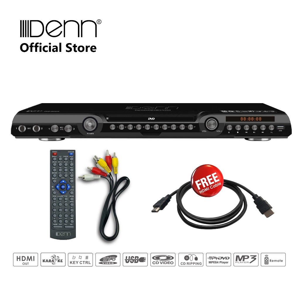 DENN DVD-94HUK Karaoke DVD Player (HDMI Output / DVD / USB / 2 Mic ...