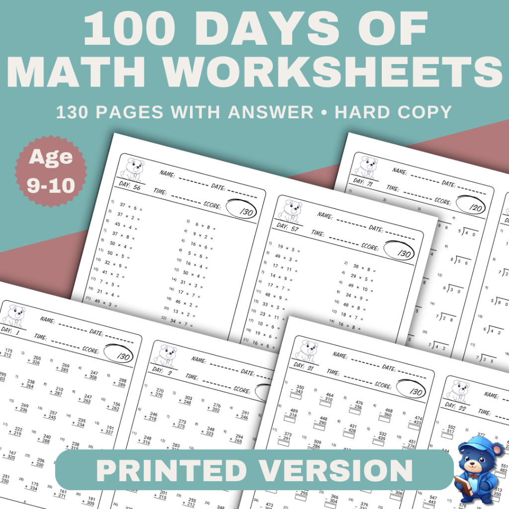 100 Days of Math Worksheets (Age 9–10) | 66 Pages | Hardcopy with ...