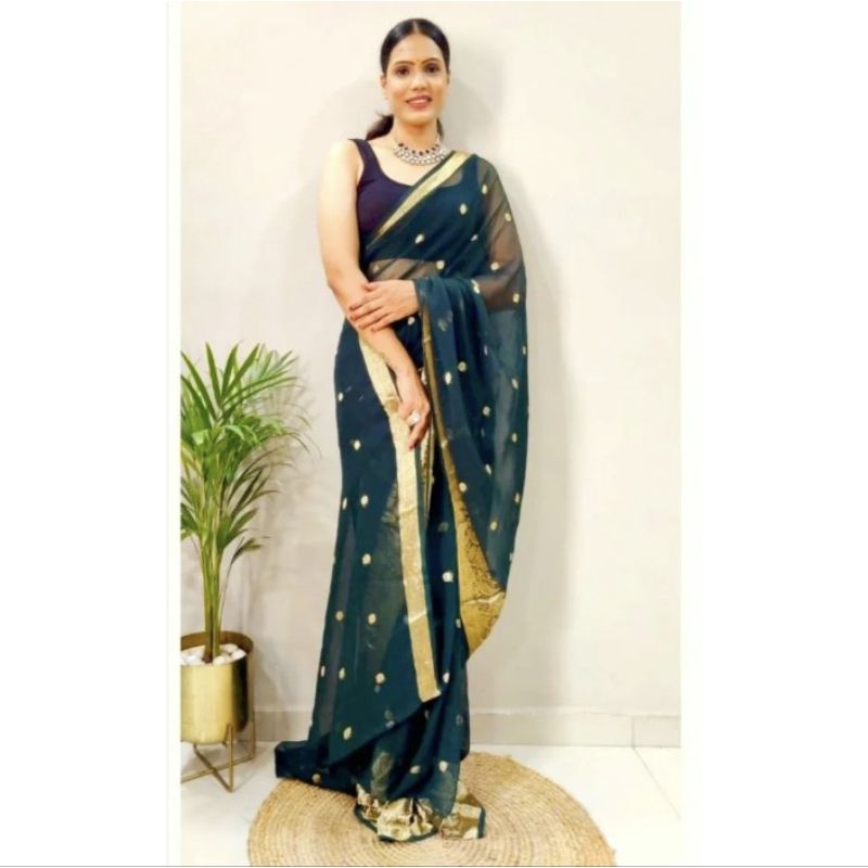 Reena Readymade Chiffon Sarees (Emerald Green) | Shopee Singapore