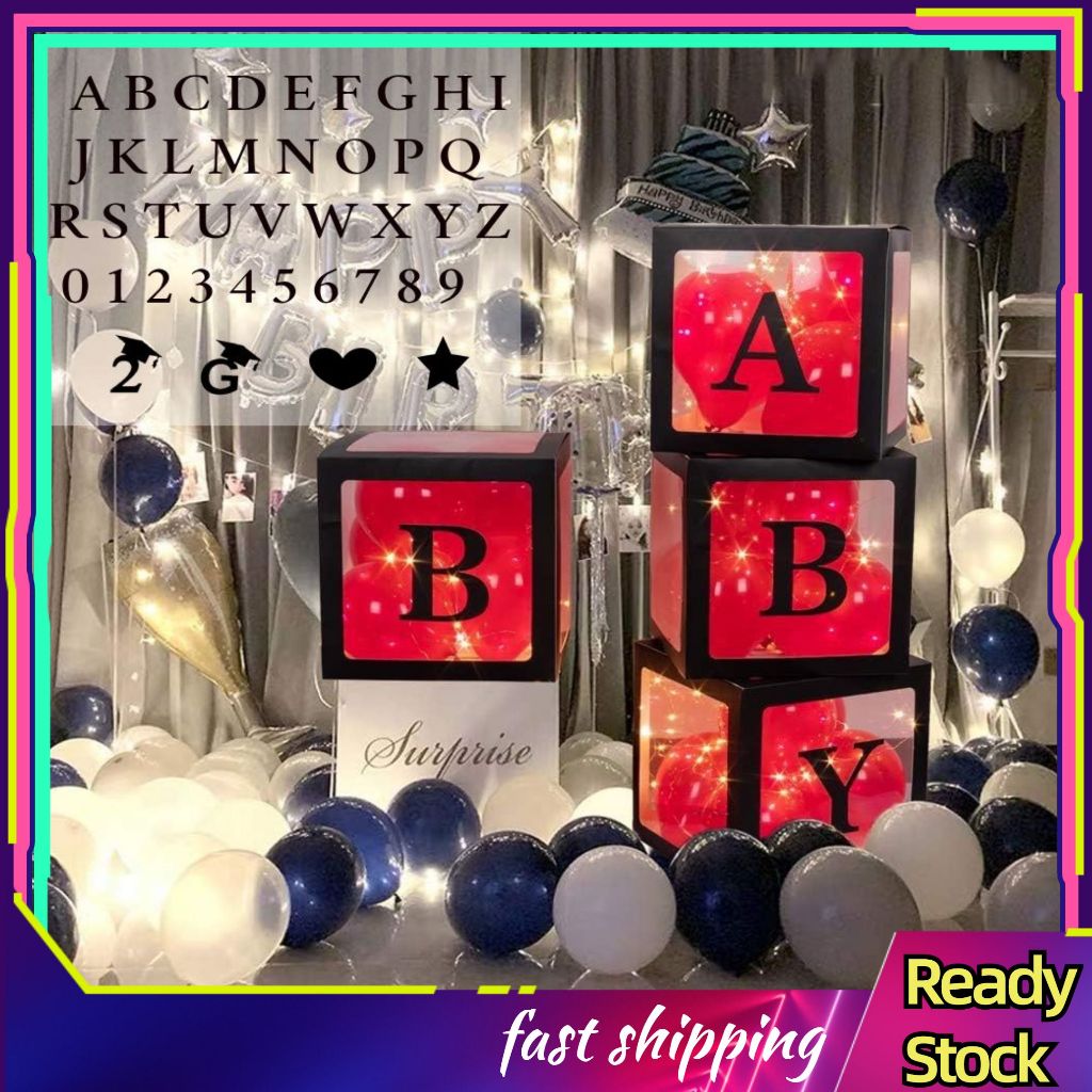 Balloon Transparent Gold Box A-Z Letter Birthday Party Kotak huruf hari ...