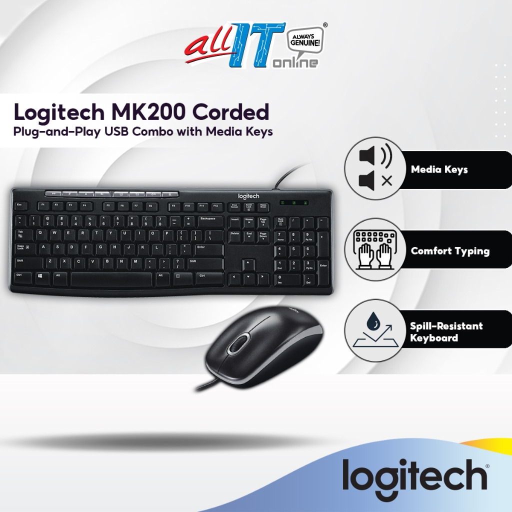 Logitech MK200 Media Corded Keyboard and Mouse Combo | Plug-and-Play ...