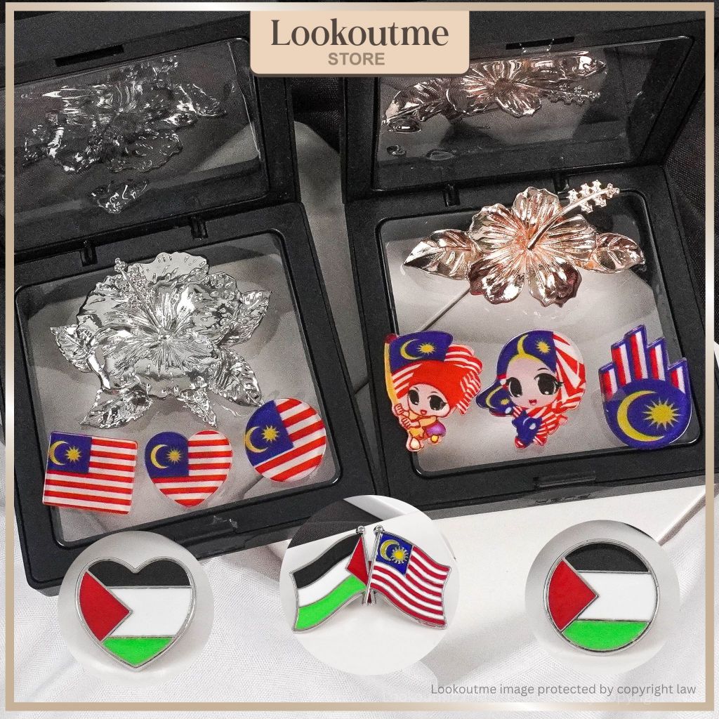 Set Brooch Bendera Jalur Gemilang Kerongsang Bunga Raya Merdeka Pin ...