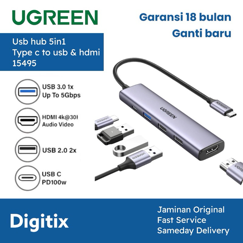 Ugreen USB Hub 5 in 1 Adapter Splitter Converter Type C to USB HDMI 4K ...