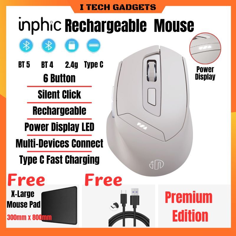 ITECHGADGETS INPHIC DR6 Mouse Wireless Bluetooth Mouse Rechargeable ...
