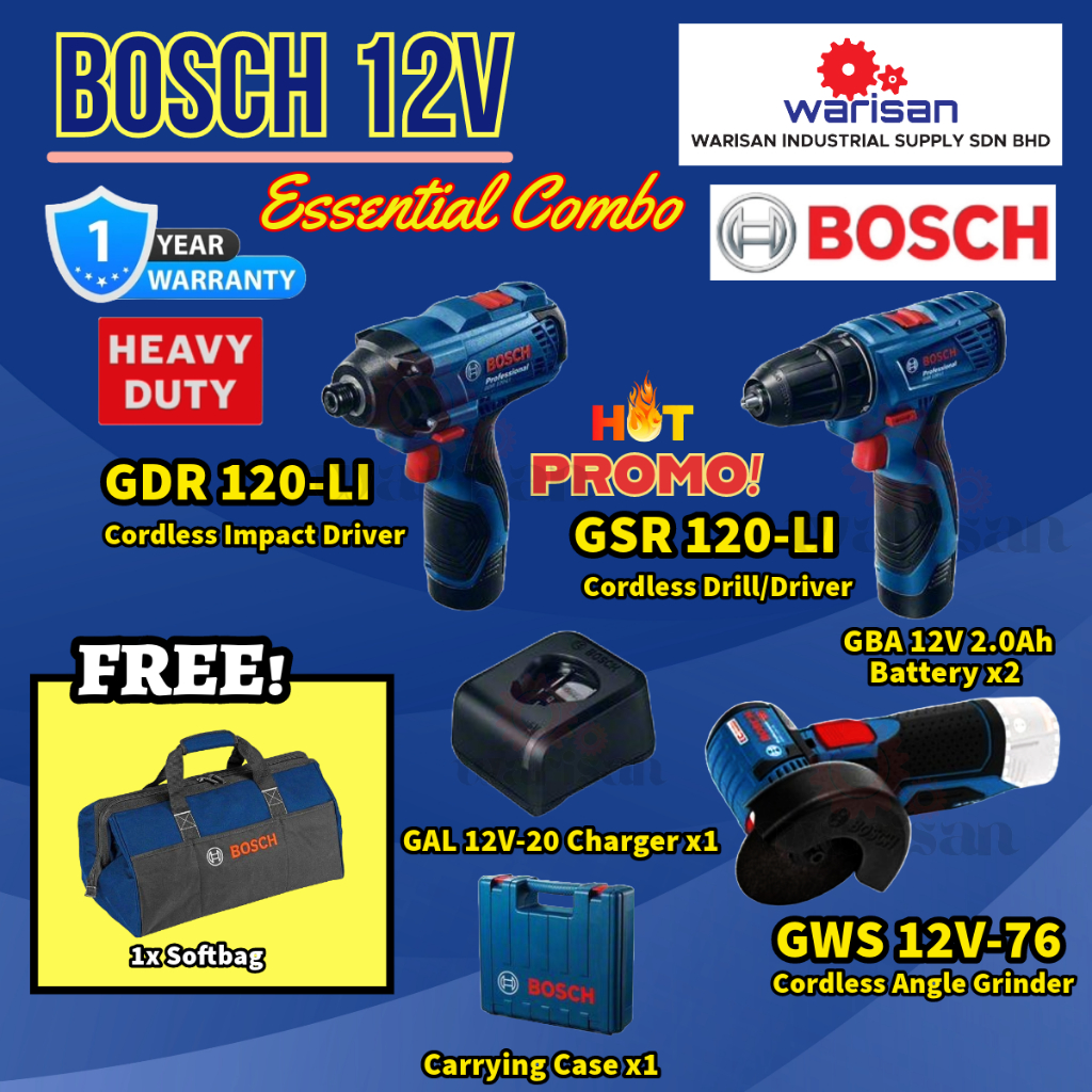 BOSCH 12V ESSENTIAL COMBO| GSR 120-LI + GDR 120-LI + GWS-12V-76 ...