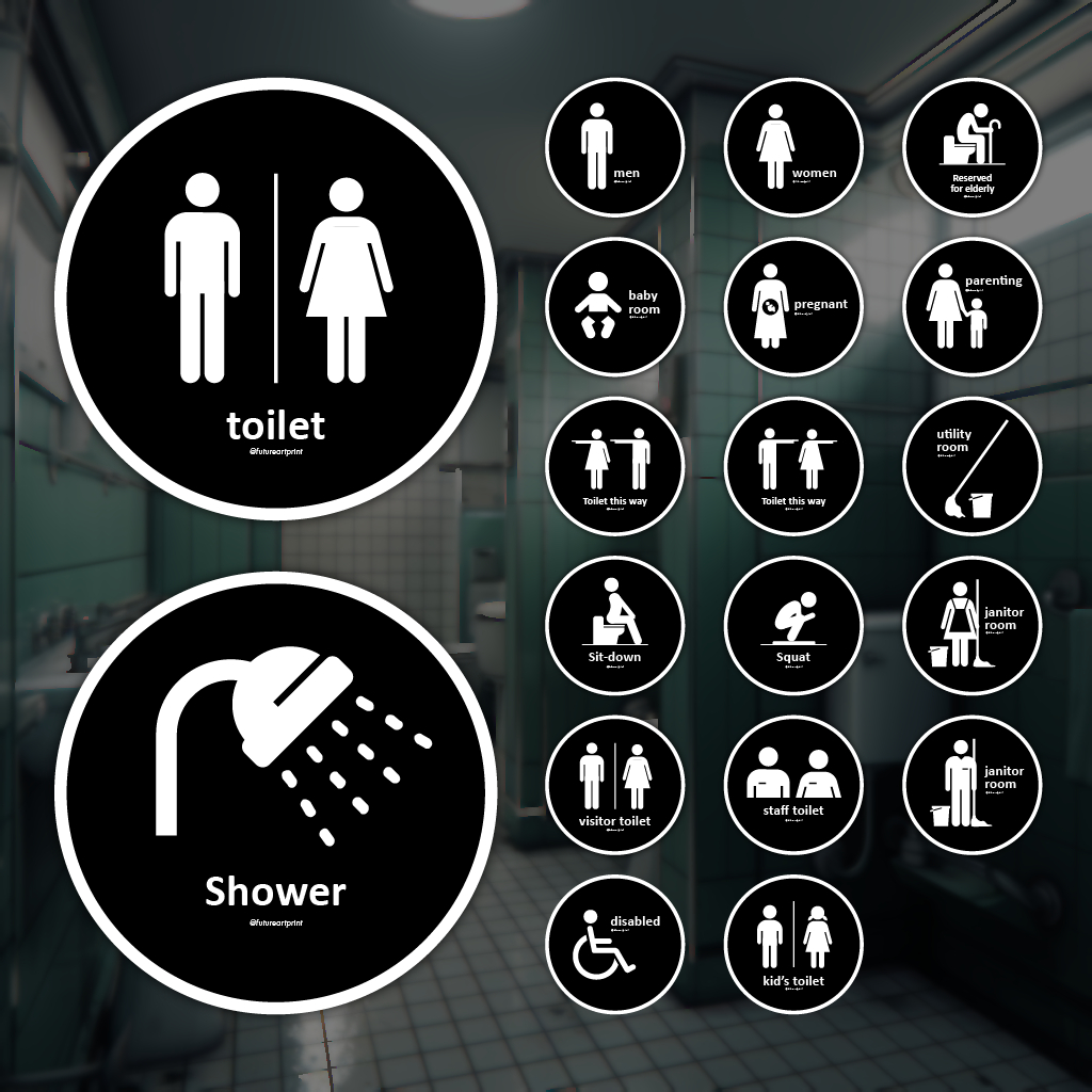 Toilet Restroom Tandas. Premium Sticker Round Sign Signage. Black Color ...