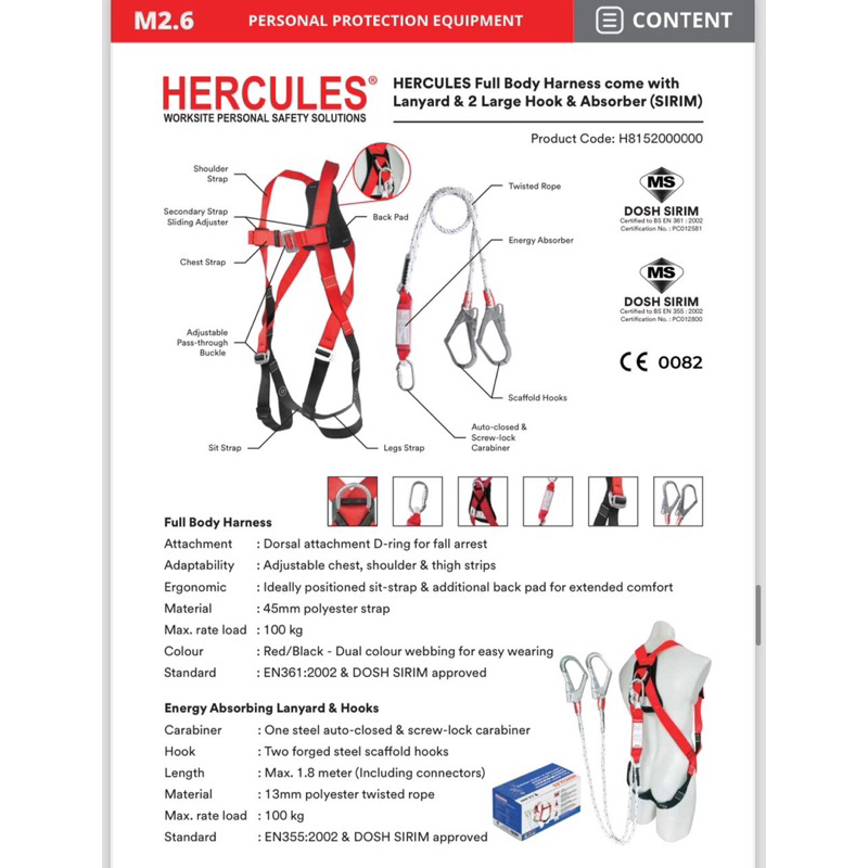 Hercules Full Body Harness Come with Lanyard & 2 Large Hook & Absorber ...