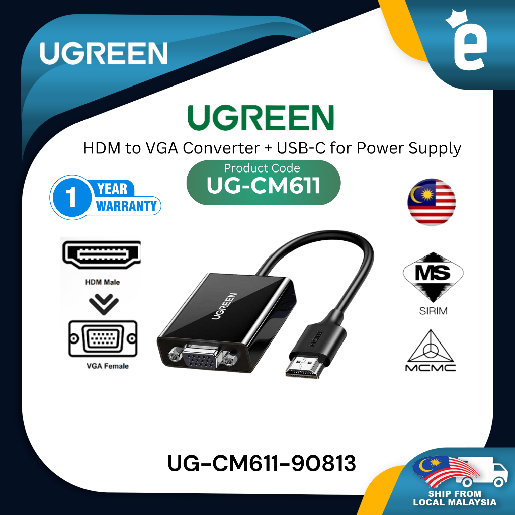 UGREEN CM611 HDM HD TO VGA CONVERTER WITH USB-C PORT FOR POWER SUPPLY (UG-CM611-90813) | Shopee ...