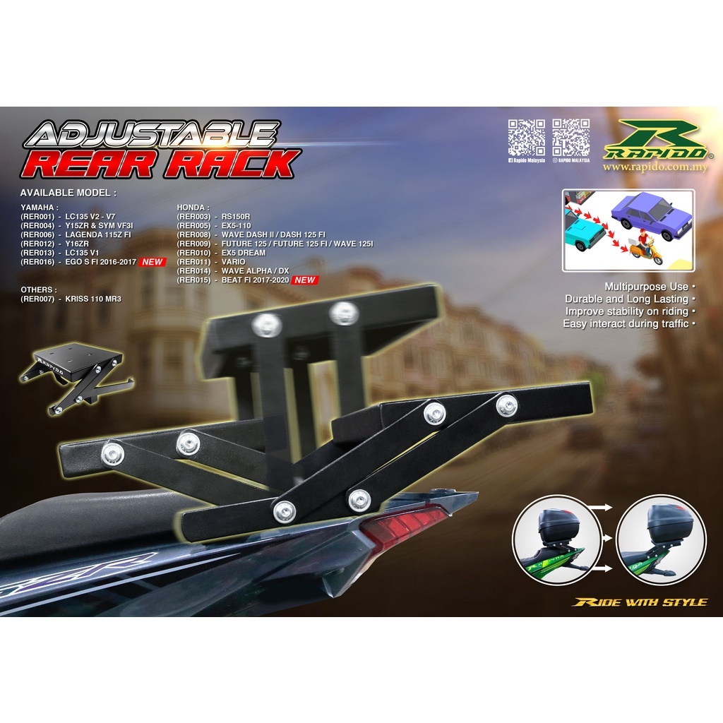 RAPIDO RACK LIPAT MONORACK ADJUSTABLE LC135 Y15 Y16 LAGENDA EGO RS150 ...