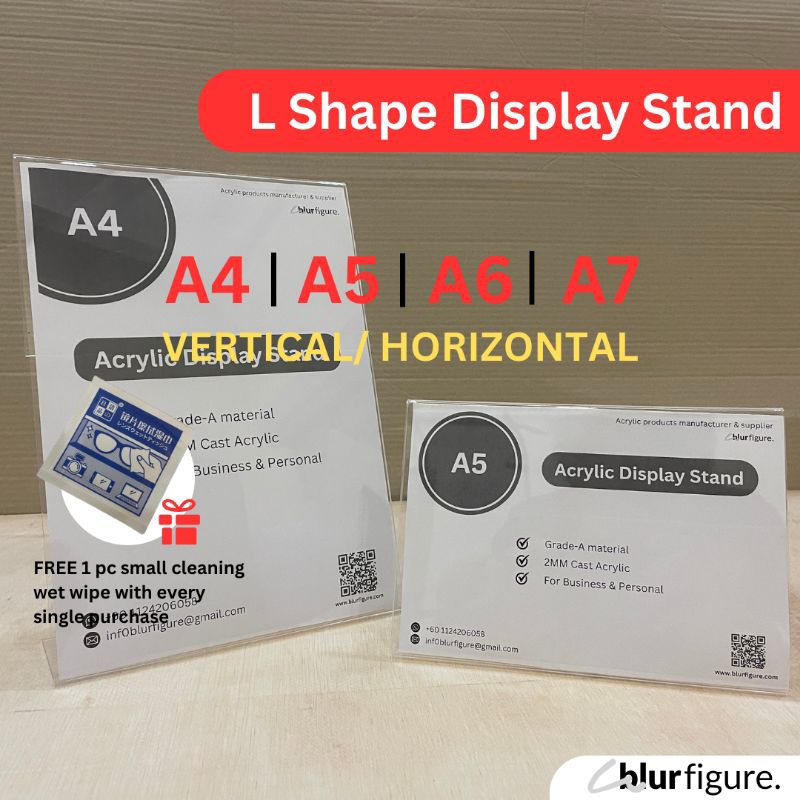 Acrylic Display Stand - L shape (horizontal & vertical) A4, A5, A6, A7 ...